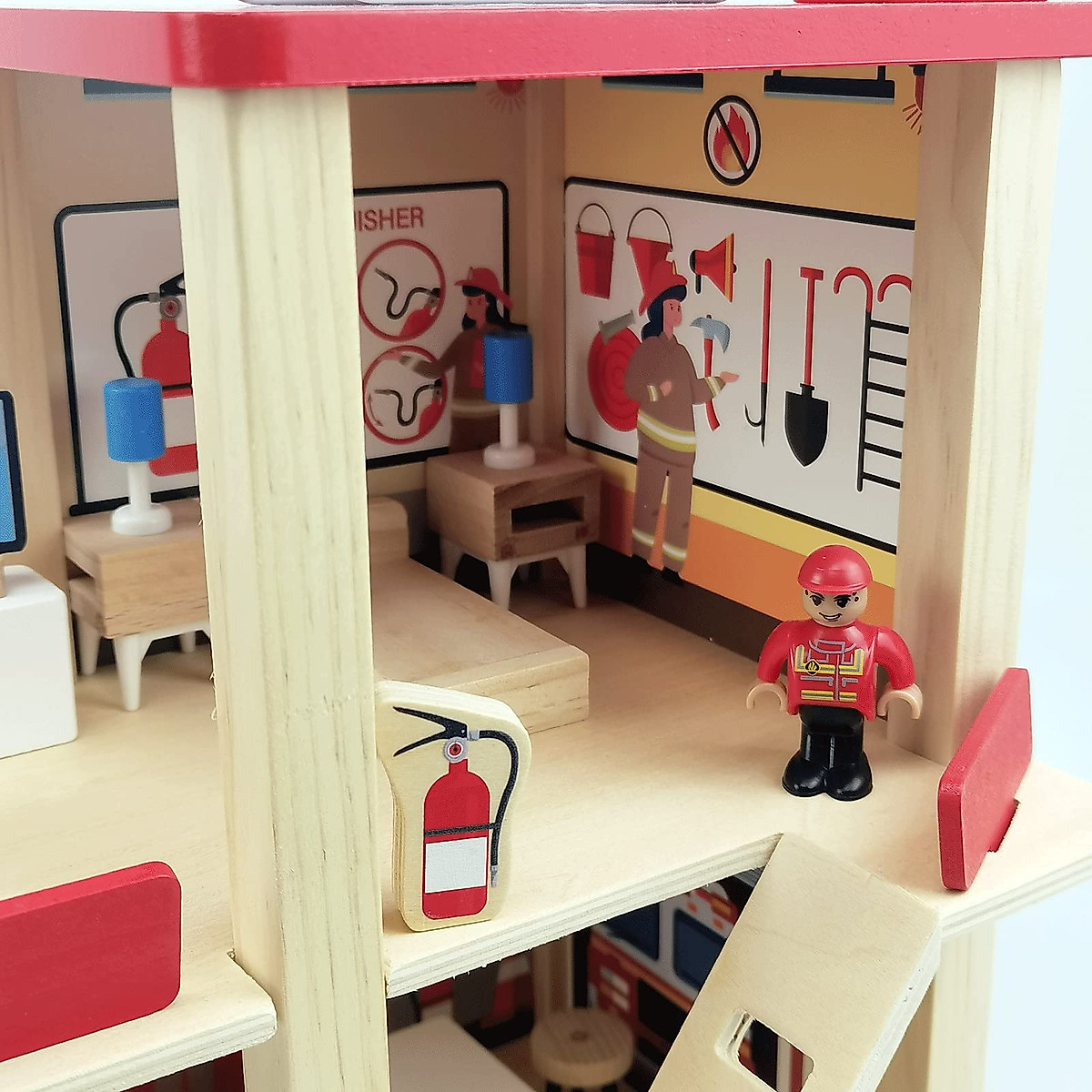 BBtinker Wooden Fire Station Playset, Multicolor 3-Level Pretend Play Dollhouse with Figures, Truck, Helicopter and Accessories, Preschool Learning Educational Toys for Toddlers Kids Age 3 and up