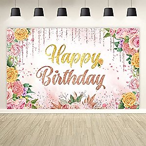 Pink Happy Birthday Backdrop, Floral Gold Glitters Birthday Banner with Rose Flower Birthday Decorations, Large Happy Birthday Photo Yard Sign Backgroud Party Supplies for Women Girls, 70.8x43.3 Inch