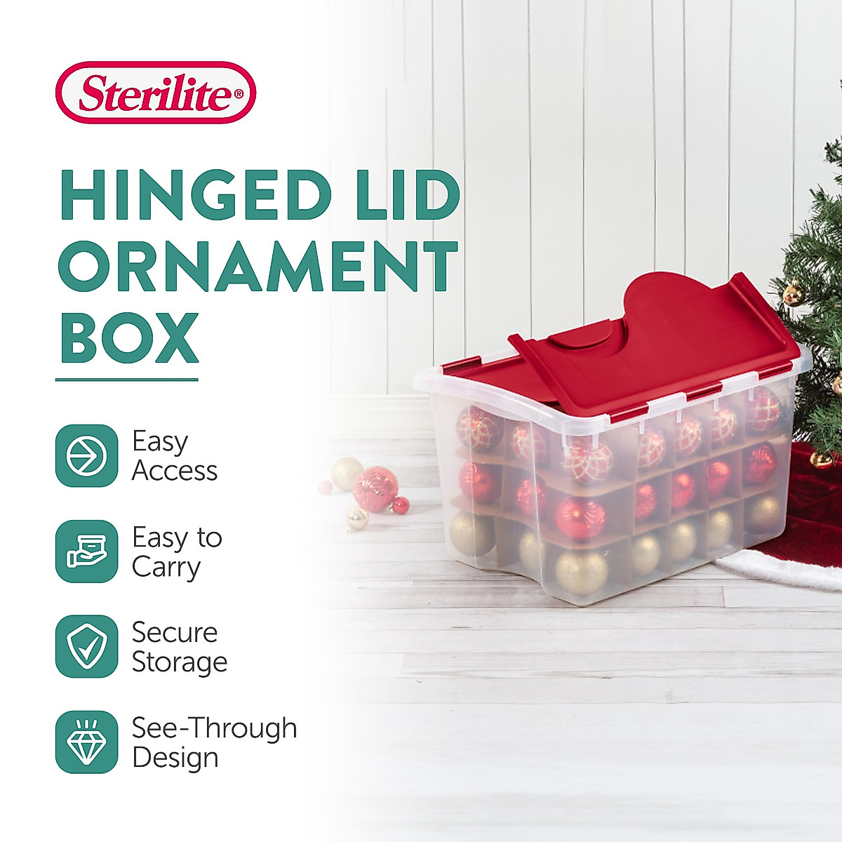 Sterilite 48 Quart Clear Stackable Holiday Christmas 45 Ornament Storage Box with Lid (6 Pack)