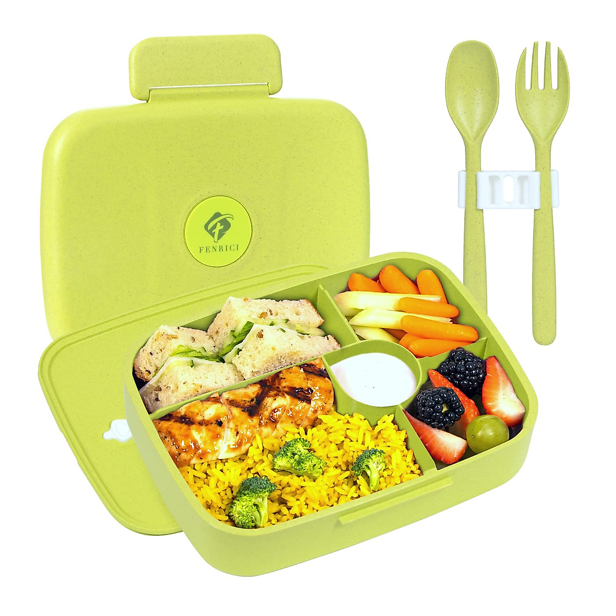 Fenrici Bento Lunch Box For Kids and Teens, Made with Natural Wheat Straw and Food Grade Silicon, 5 Leakproof Compartments, BPA-Free Bento Box, Microwave and Dishwasher Safe, Green
