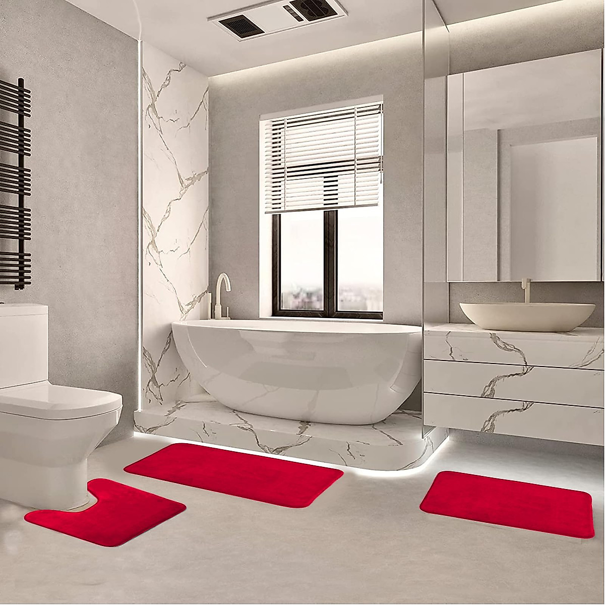 Red Bathroom Rugs Comfort Memory Foam 3 Piece Non-Slip Bath Mats, Absorbent Shaggy Rugs, Machine Wash, Perfect Plush Bathroom Mats, Bathroom Carpets Set with U-Shaped Toilet Bath Mats