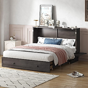 BALUS Murphy Bed, USB Charging Station, Furniture Murphy Cube Cabinet Bed, Queen Size Memory Foam Mattress in a Foldable Cabinet, Storage Drawer-Grey