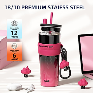 SDGA+ 24 OZ Insulated Leak Proof Tumbler with Lid and Straw, Stainless Steel Coffee Travel Mug for Hot and Cold, Reusable Portable Water Bottle, Metal Thermal Cup Gift for Women, Black and Pink