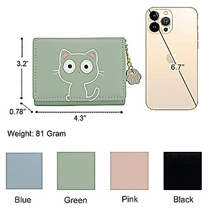 Sunwel Fashion Cute Little Cat Pattern Small Wallet Credit Card Holder Cash Pockets ID Window with Paw Pendant (GREEN, Tri-fold)