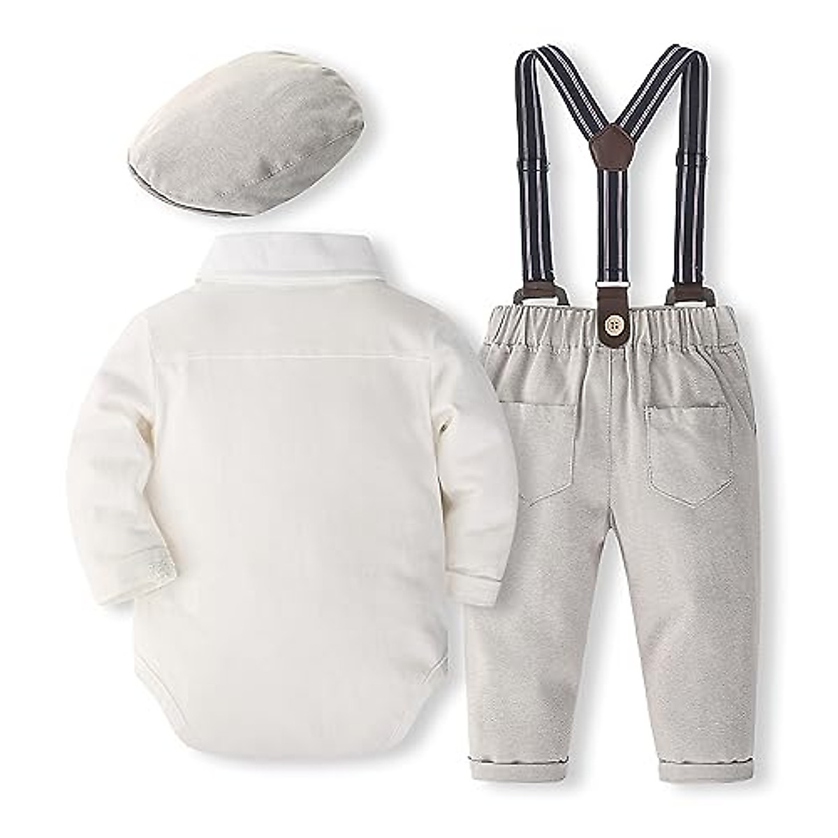 SALNIER Baby Boy Dress Suit Clothes Sets Infant Tuxedo Gentleman Suits Outfits Bowtie Shirt Suspenders Pants Beret Hat 0-24M(Gray 2,12-18 Months)