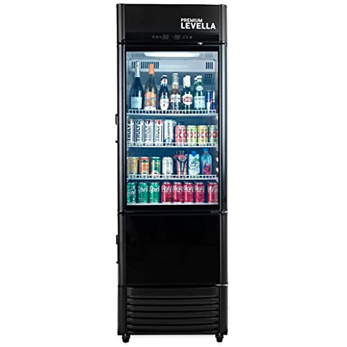 PremiumLevella PRFIM1257DX Single Glass Door Merchandiser Refrigerator-Freezer with Automatic Ice Maker Display Beverage Cooler-12.5 cu ft-Black