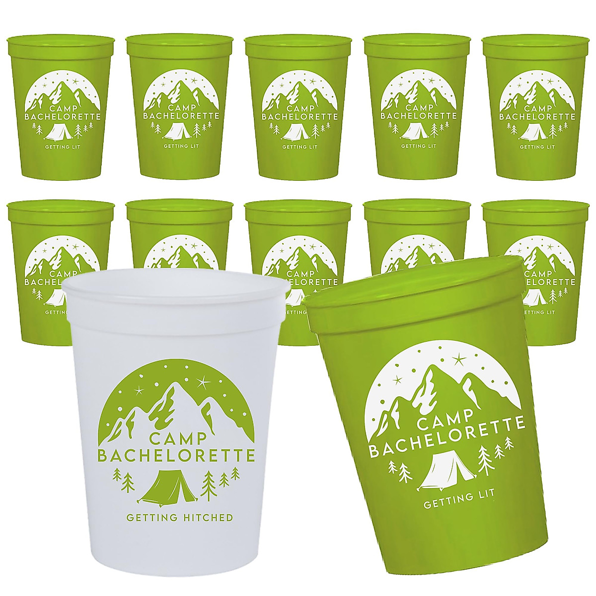 Camp Bachelorette Decorations, Bridal Party Gifts, 12 Pcs Bachelorette Cups, 1 Getting Hitched and 11 Getting Lit Bachelorette Party Cups, Camping Bachelorette Party Decorations