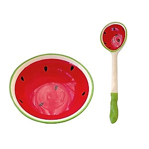 Porcelain Bowl Ceramic Appetizer Plate Watermelon Shape Rice Soup Bowl with Spoon Dessert Salad Pasta Bowls Food Serving Tray for Fruit Cheese Dessert Snack Soup Cereal Bowl