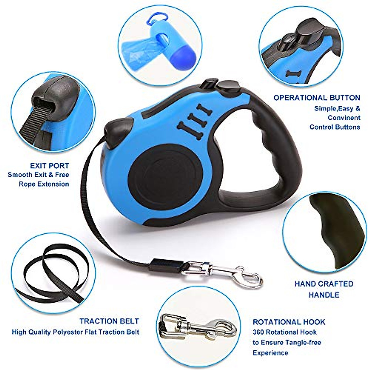 Retractable Dog Leash for Medium - Small Dogs and Cats 16.5FT Tangle Free, Heavy Duty Walking Leash with Anti Slip Handle, Pause and Lock Strong Nylon Tape, Store Dog Leash Retractable(Blue)