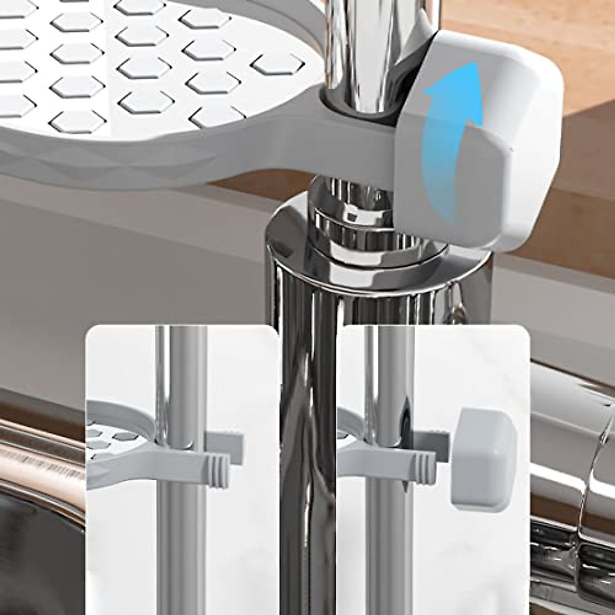 ANHORTS Kitchen Faucet Shelf Caddy Over The Sink, Sponge Holder Buckle Fixed, Organizer for Bathroom Shower Column, Soap Drainer Dish Drying Rack with Draining Board Tray, Grey- 7 inches