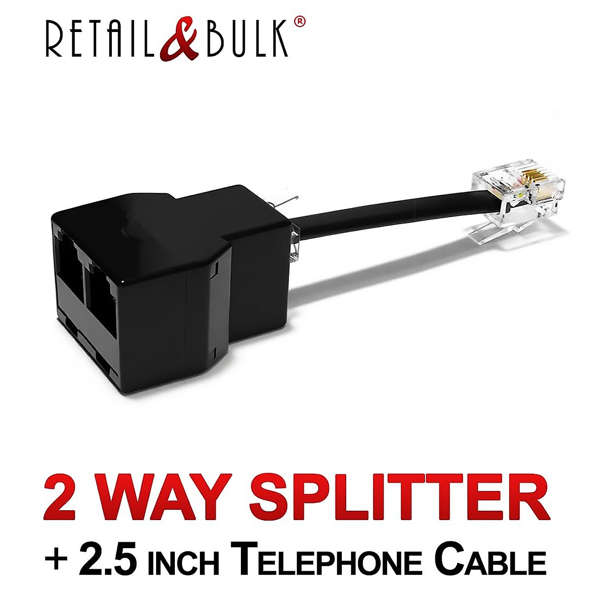 RetailAndBulk Phone Jack Splitter for Landline Telephone RJ11 6P4C 2 WAY Adapter (1 Splitter + 2.5 Inch Cable)
