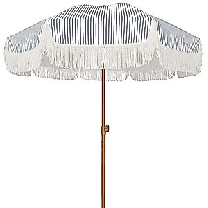 AMMSUN 7ft Patio Umbrella with Fringe Outdoor Tassel Umbrella UPF50+ Premium Steel Pole and Ribs Push Button Tilt,Navy Blue Stripes