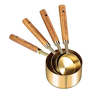 GuDoQi Measuring Cups and Spoons Set of 8, Wood Handle with Metric and US Measurements, Premium Stainless Steel, Golden Polished Finish, Dry & Liquid Measuring Cup, for Cooking and Baking