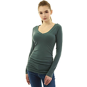AmélieBoutik Women V Neck Raglan Long Sleeve Ruched Sides Top (Grayish Green Medium)
