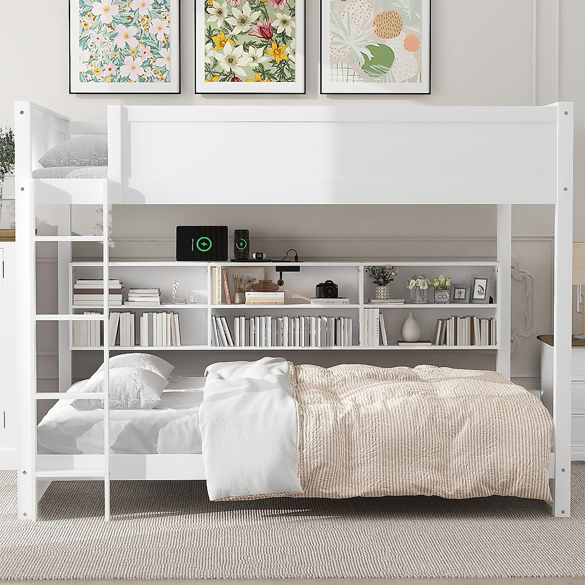 XD Designs Wood Bunk Bed Queen Over Queen Size with Built-in Storage Cabinets and USB Ports, Versatile Bunk Bed Frame with Ladder and Guardrail for Kids Teens Adult, Maximize Space (White-9.30)