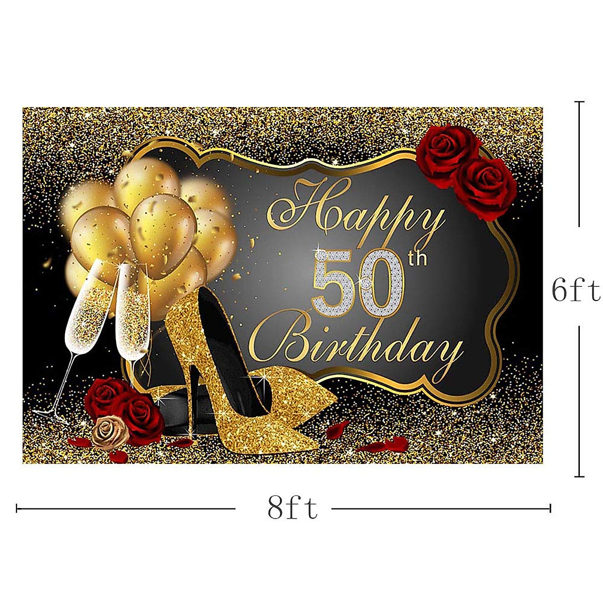 MEHOFOTO Photo Background Shining Sequin Black Gold High Heels Champagne Woman Red Rose Balloons 50th Happy Birthday Party Banner Backdrops for Photography 8x6ft