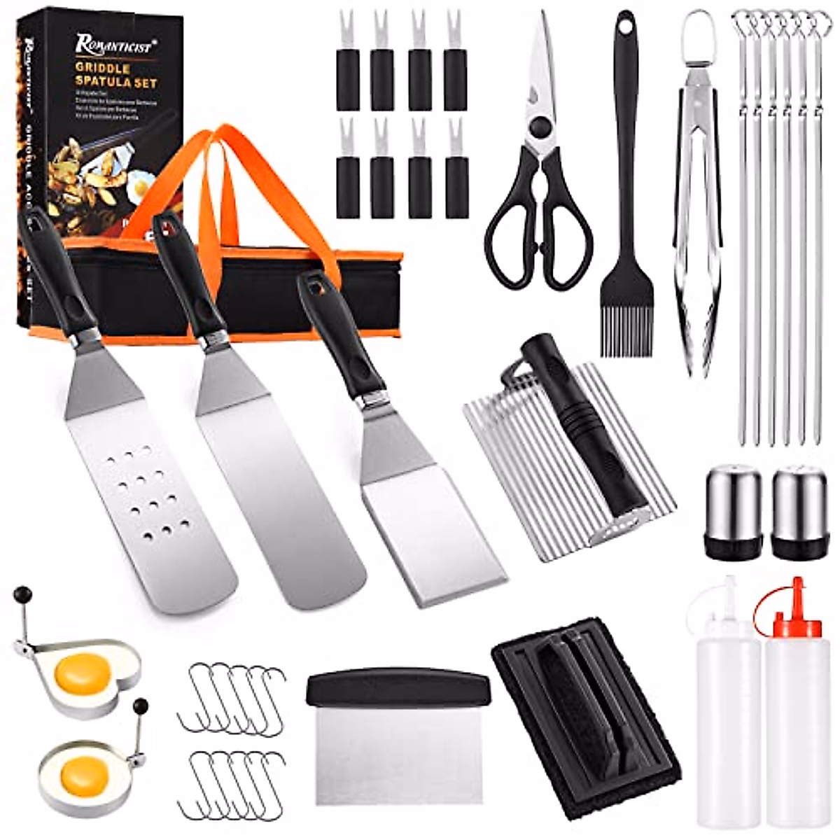 Griddle Accessories Tool-40pcs Flat Top Griddle Set,Stainless Steel Griddle Utensils with Spatulas,Tongs,Fork,Glove,Burger Press,Cleaning Brush.