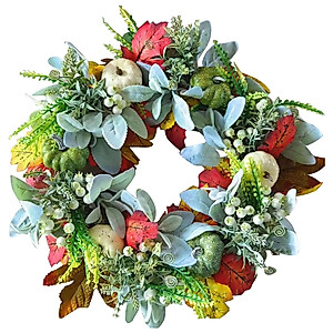 Fall Wreaths for Front Door Harvest Wreath with White Pumpkin Cotton Lamb's Ear Eucalyptus Leaves Farmhouse Autumn Wreath for Thanksgiving Halloween Decoration Indoor Outdoor (Maple-13.77IN)