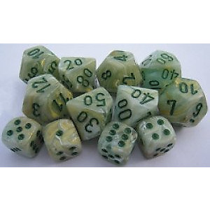 Chessex Dice Sets: Marble Green Multi-Color Swirl with Dark Green Pips - Ten Sided Die d10 Set (10)