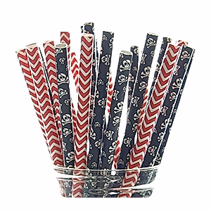 Pirate Party Straws, Skull & Crossbones Skeleton Straws (50 Pack) - Black & Red Halloween Pirate Birthday Party Supplies & Table Decorations, Halloween Paper Straws