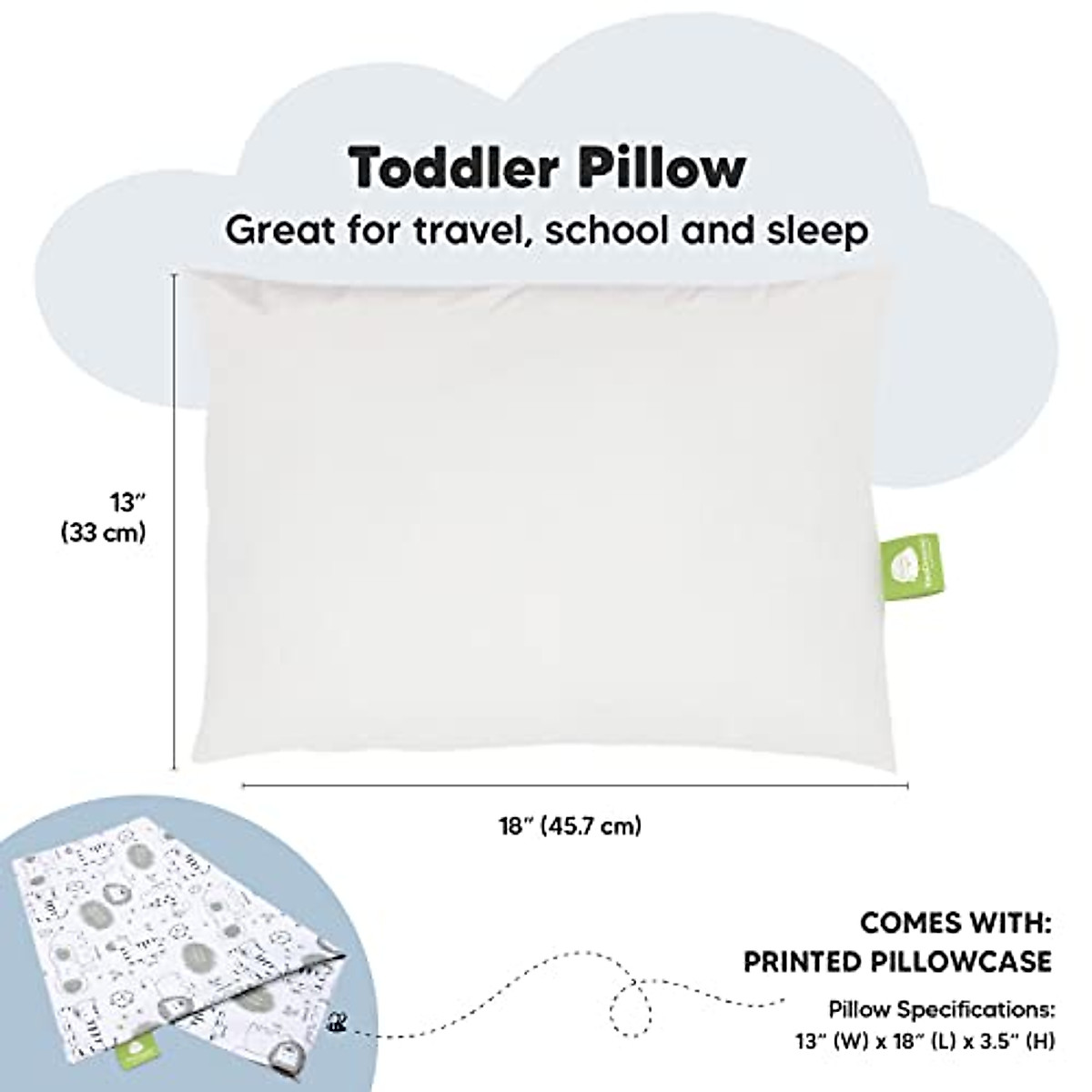 Toddler Pillow with Pillowcase - 13x18 My Little Dreamy Pillow, Organic Cotton Toddler Pillows for Sleeping, Kids Pillow, Travel Pillows, Mini Pillow, Nursery Pillow, Toddler Bed Pillow (KeaSafari)