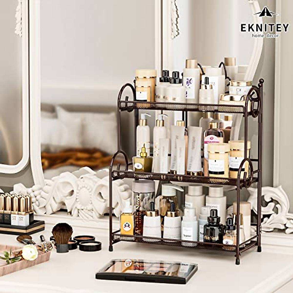 EKNITEY Bathroom Organizer Shelf Countertop - Kitchen Counter Organizer 3 Tier Bathroom Counter Shelves for Makeup Vanity Organizer Brown (No Assembly)