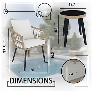 3 Pieces Patio Bistro Set All-Weather Wicker Ratan Conversation Set Outdoor Furniture Chairs w Glass Top Coffee Table and 2 Thick Cushions for Porch Backyard Lawn Poolside (White Cushion)