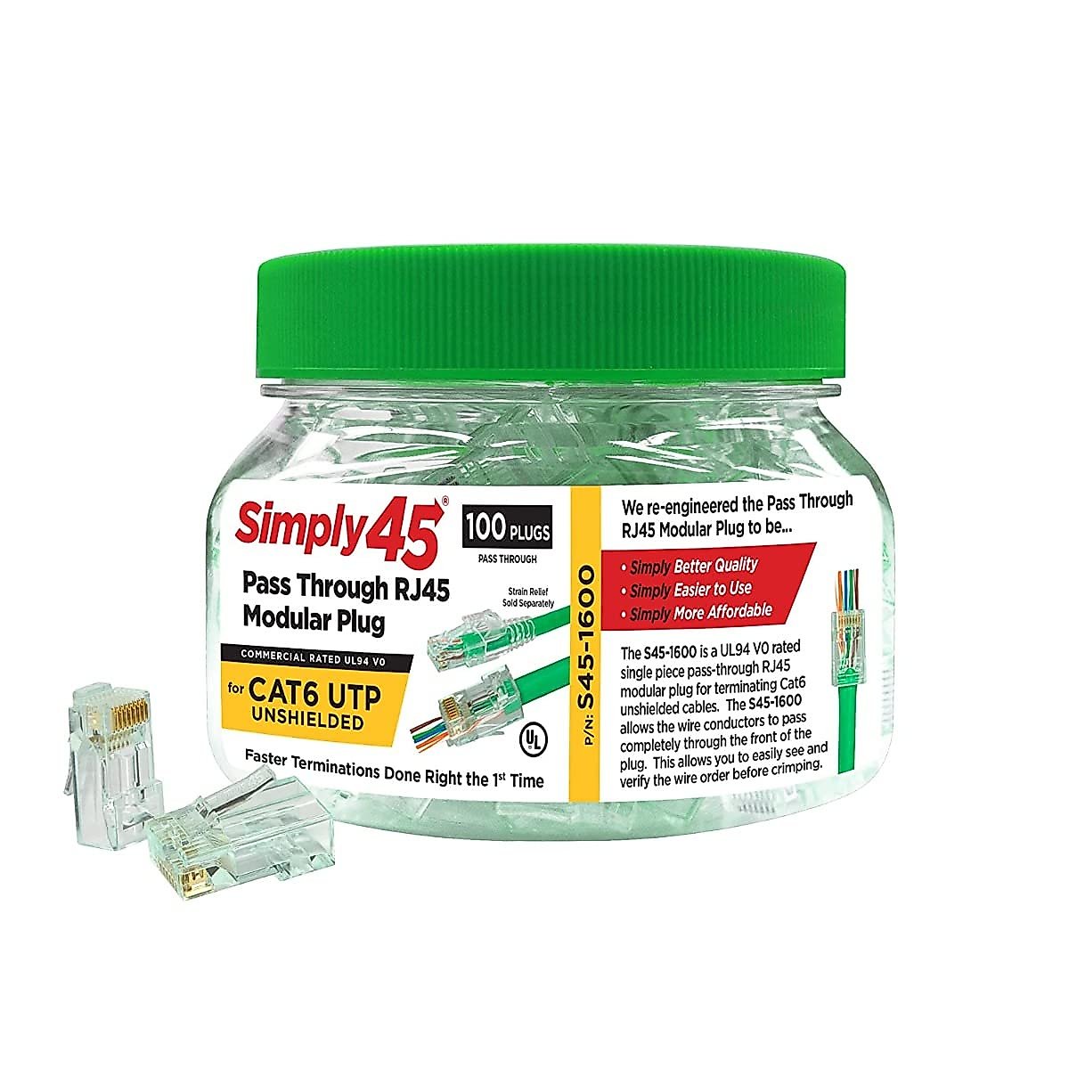 Simply45 Unshielded Pass-Through RJ45 Modular Plugs for 23AWG Solid (Cat6 UTP), 26-24AWG Stranded (Cat5e/6 UTP Stranded) - Green Tint, 100 Piece Jar - S45-1600