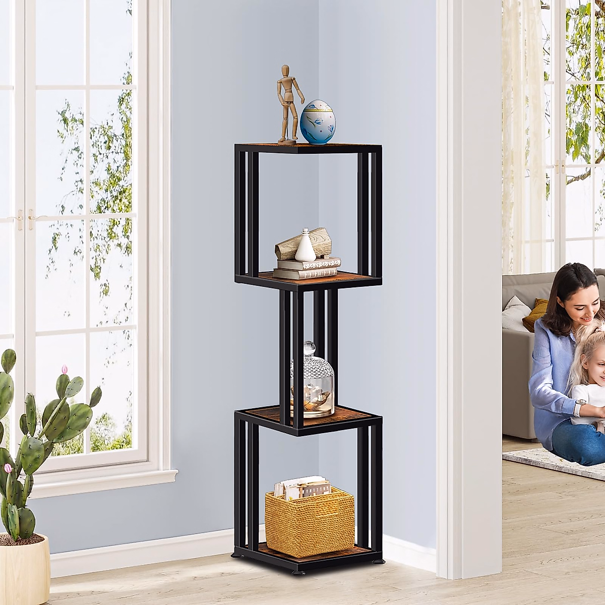 4 -Tier Corner Shelf Stand, 47'' Tall Industrial Corner Shelves, Heavy Duty Square Corner Bookshelf Display Shelf for Small Space, Corner Plant Stand for Living Room, Rustic Brown