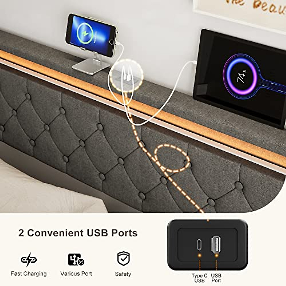 IKIFLY Upholstered King Size Headboard with 2 USB Ports & LED Lights - Adjustable Height - Button Tufted Padded Linen Fabric Headboard, Easy Assembly, King Headboard Only for Bedroom - Dark Grey