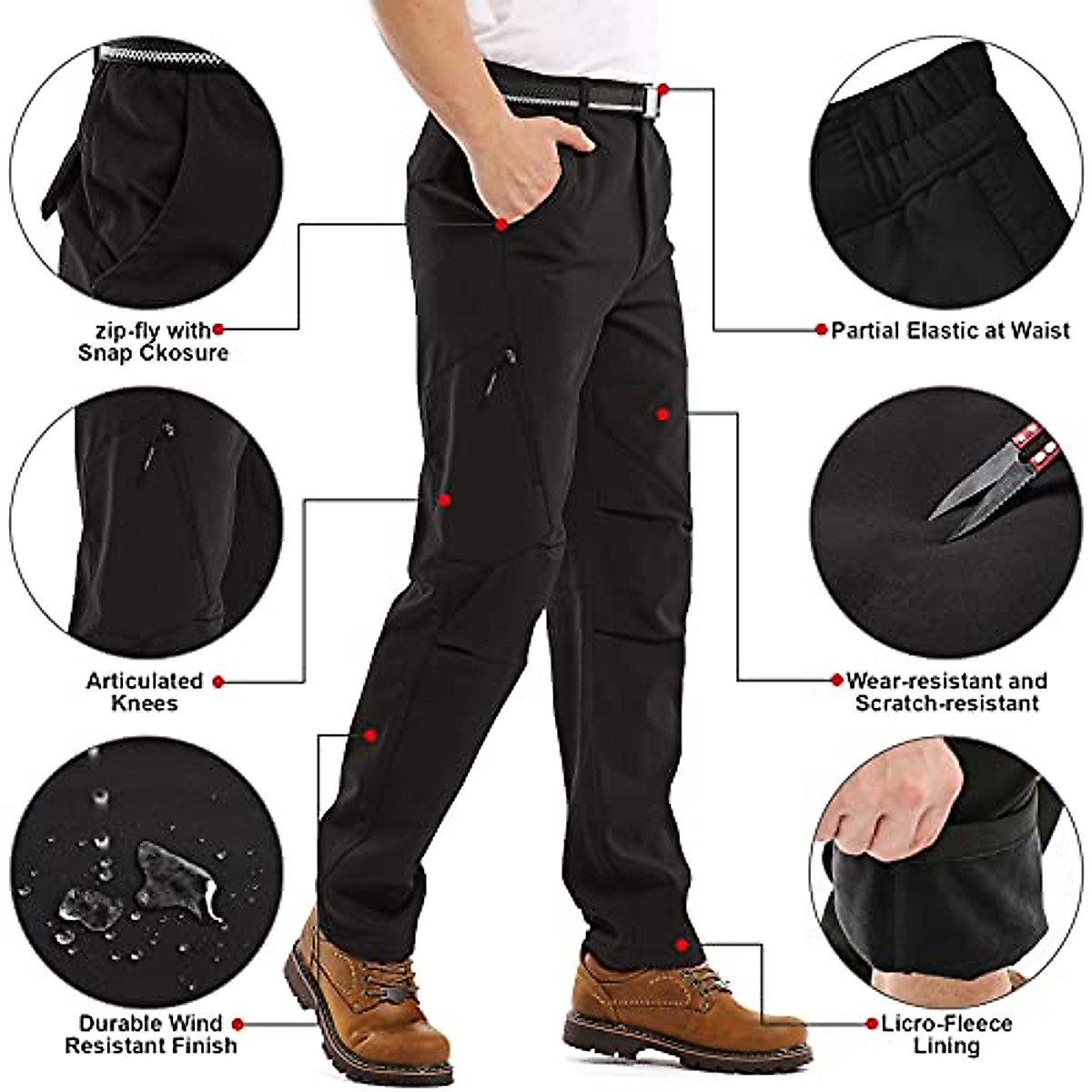 Jessie Kidden Mens Waterproof Hiking Pants, Outdoor Snow Ski Fishing Fleece Lined Insulated Soft Shell Winter Pants (6070 Black, 32)