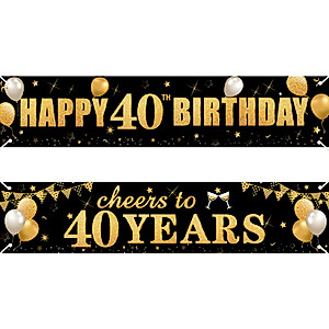 2Pcs 40th Birthday Banner Decorations for Men Women - Black Gold Happy 40th Birthday Cheers to 40 Years Yard Banner Party Supplies, Forty Year Old Bday Sign Decor for Indoor Outdoor
