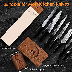 JUCPASH Rolling Knife Sharpener Kit for Straight Edge - Knife Sharpening with Leather Strop, Diamonds Discs and 15 & 20 Degree Magnetic Angles, Roller Knife Sharpener System for Kitchen Knives