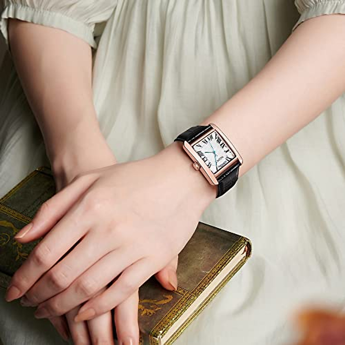 Valence Women's Wrist Watches. Vintage Large Face Square Watches for Women. Classic Ladies Quartz Watches with Black Leather Band. Womens Waterproof Watch with Day and Date(Model: 088-Black)