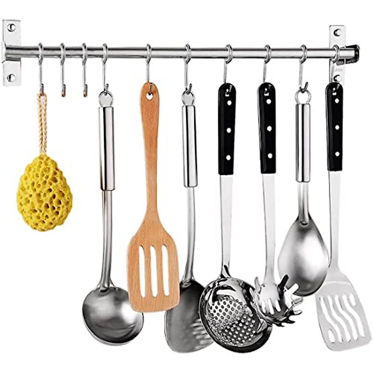 Petilleur Kitchen Sliding Hooks, Stainless Steel Hanging Rack Rail Organize Kitchen Tools with 10 Utensil Removable S Hooks for Towel, Spoon, Coats, Bathrobe, BBQ,Wall Mounted Hanger (60CM 10 Hooks)