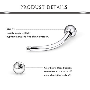 Hoeudjo 18Pcs 16G Surgical Steel Eyebrow Ring Curved Barbell Eyebrow Piercing Body Jewelry for Women Men 10mm (3/8") Silver-tone Rose Gold Black Clear