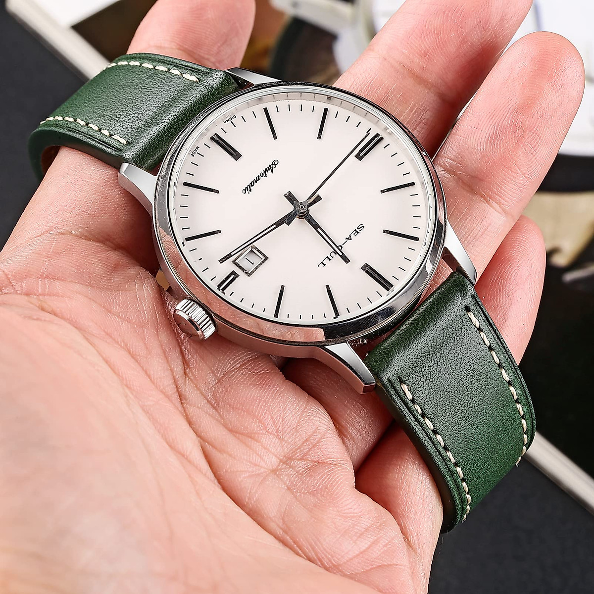 torbollo 22mm Leather Watch Bands, Quick Release Soft Green Watch Strap for Men Genuine Leather Replacement Wrap