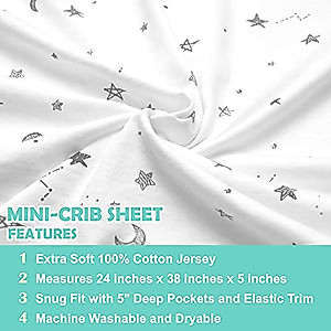 TL Care 2 Pack Printed 100% Natural Cotton Jersey Knit Fitted Portable/Mini-Crib Sheet,Gray Stars/Zigzag, Soft Breathable, for Boys and Girls