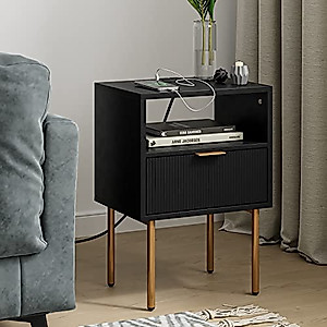 Masupu Nightstand with Charging Station,Mid-Century Modern Bedside Table with Storage Drawer and Open Wood Shelf,Small Gold Frame Side Table for Bedroom,Living Room (Black)