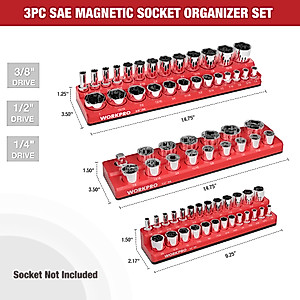 WORKPRO Magnetic Socket Organizer Set, 3-Piece Socket Holder Set Includes 1/4", 3/8" and 1/2" Drive SAE Socket Trays, Holds 68 Pieces Standard Size and Deep Size Sockets(Socket not Included)