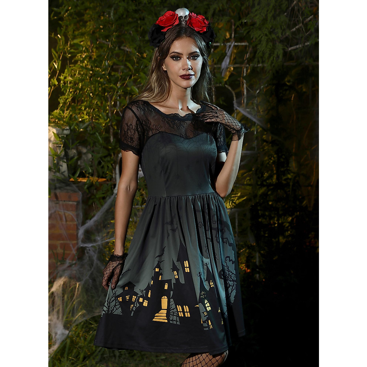 Women's Halloween Lace Sleeves Party Witch Costume Swing Pumpkin Vintage Dress Dark Night L
