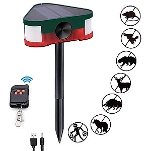 Solar Sound & Light Alarm, 360° Smart Ultrasonic Motion Sensor Alarm with Remote Controller, 3x129db Super Loud Speakers & LED Flashing Light IP65 Waterproof 4 Work Mode for Home, Farm, Barn, Yard