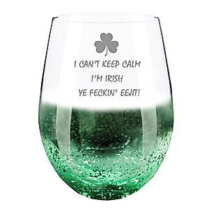 St. Patrick's Day Gift, I'M IRISH, Green Engraved Stemless Green Wine Glass