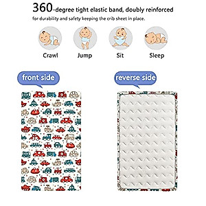 Cars Themed Fitted Crib Sheet,Standard Crib Mattress Fitted Sheet Ultra Soft Material -Baby Crib Sheets for Girl or Boy,28“ x52“,Scarlet Teal Tan