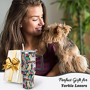 puhnhsv 40 oz Yorkie Tumbler with Handle, Insulated Stainless Dog Tumbler Coffee Travel Mugs Cup Water Bottle Yorkie Lovers Gifts for Women Girls