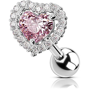 OUFER 16G Helix Earrings, Heart Shiny Clear CZ Helix Piercing Jewelry, 316L Surgical Steel Cartilage Earrings, Tragus Daith Rook Sung Lobe Piercing Jewelry For Women And Men-Pink CZ