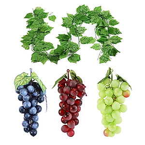 Artificial Grapes, 3 Bunches of Fake Decorative Grapes Simulation Fruit with Artificial Vines Lifelike Leaves Hanging Ornaments for Wedding Home Party Garden Wall Fruit Wine Decor