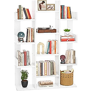 Aheaplus Bookshelf, Tree-Shaped Bookcase Storage Shelf with 13 compartments, Books Organizer Display Cube Shelves, Industrial Free Floor Standing Wood Open Bookshelves for Home, White