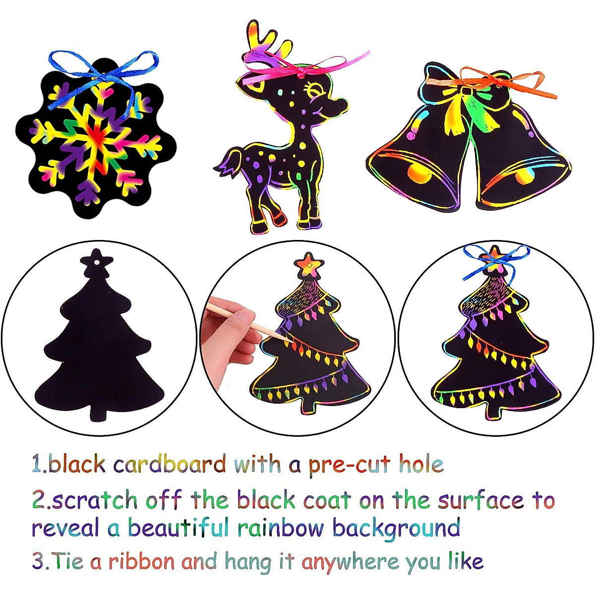 FINGOOO Scratch Art for Kids,48 Christmas Rainbow Scratch Paper Art Set with 12 Wooden Stylus Xmas Craft Decor