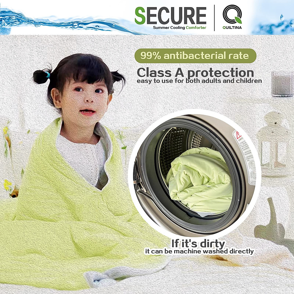 QUILTINA Summer Cooling Comforter Set Children's with 2 Pillowcase for Hot Sleepers Night Sweats, Safe Fabric Lightweight Blanket, Cool Q-MAX＞0.4, Soft Back for All Seasons, Throw Size, 47"x59"